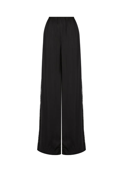Wide-Leg Satin Lace Panel Pant in Black Satin Ebony | SWF Boutique – S ...